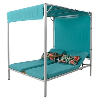 Outdoor Blue Adjustable Double Sunbed Daybed w/Floral Cushions - Bed ...