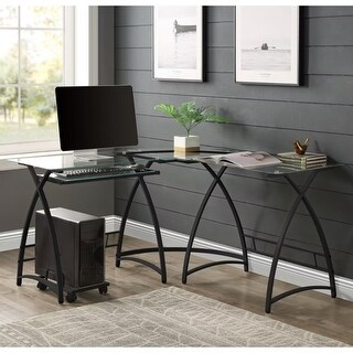 L-shape Computer Desk with Tempered Glass Table and Metal Frame - Bed ...