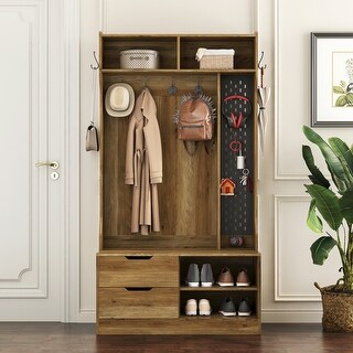 Entrance Coat Rack Bench Indoor Bench with Drawers and Open Shelves ...