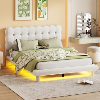 Modern Queen Velvet Platform Bed with RGB LED Frame, Button-Tufted ...