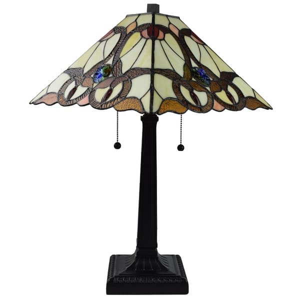 Tiffany Style Table Lamp Mission 23" Tall Stained Glass Tan Decor Night ...