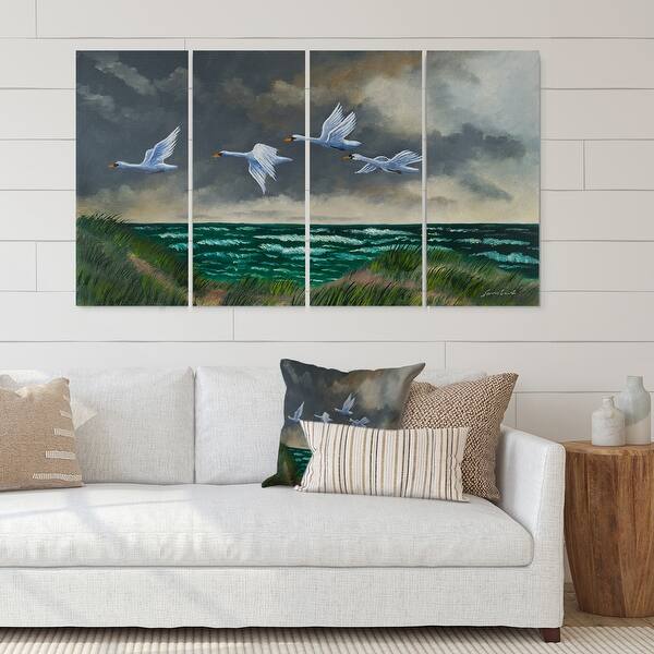 Designart "Four White Migratory Birds Flying On A Coast" Nautical & Coastal Canvas Wall Art ...