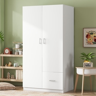 Double Doors Wooden Wardrobe with Hanging Rod and Storage Drawer - Bed ...