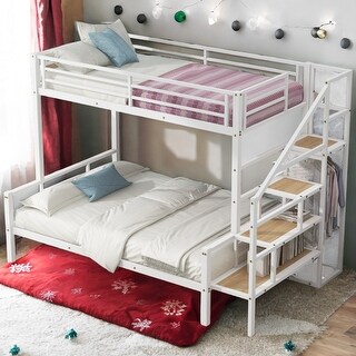 Metal Twin over Full Bunk Bed with Storage Staircase and Open Wardrobe ...