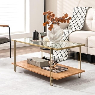 40In Mid Century 2-Tier Glass Coffee Table with Wood Shelf and Steel ...