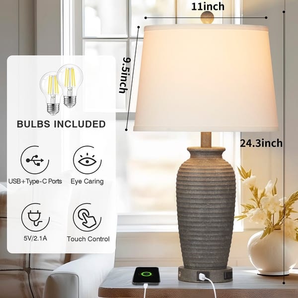 Table Lamps Grey Resin 3Way Touch Dimming USB Port AC Outlet(Set of 2 ...