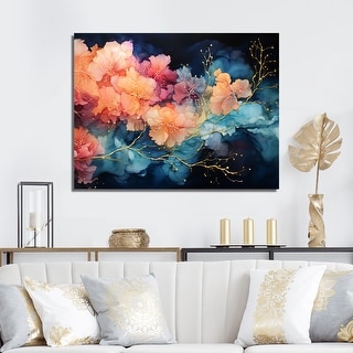 Designart "Celestial Coral And Blue Sky Liquid Art" Liquid Ink Abstract ...