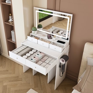 Modern Makeup Vanity Set with Large Mirror, Adjustable Lighting, Power ...