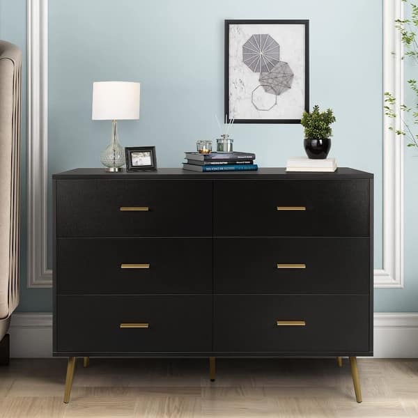 Black Dresser for Bedroom, Modern Wooden 6 Drawer Dresser with Wide ...