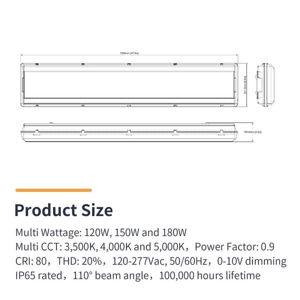 4FT Vapor Tight High Bay Light, 120/150/180W Wattage Selectable, 3CCT ...