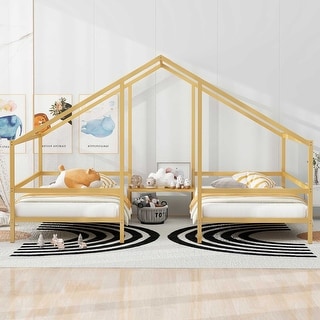 Metal Double Twin Size Triangular House Beds with Built-in Table, Gold ...