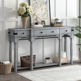 Retro-Style 60"L Console Table with Storage Drawers and Bottom Shelf ...