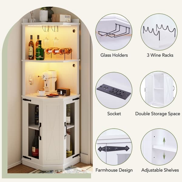 LED Corner Bar Display Cabinet White Buffet Sideboard w/ Power Outlets ...
