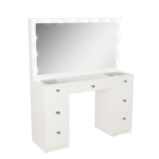 Vanity Table 7 Drawers Lights Mirror Crystal Knobs Glass Top White ...
