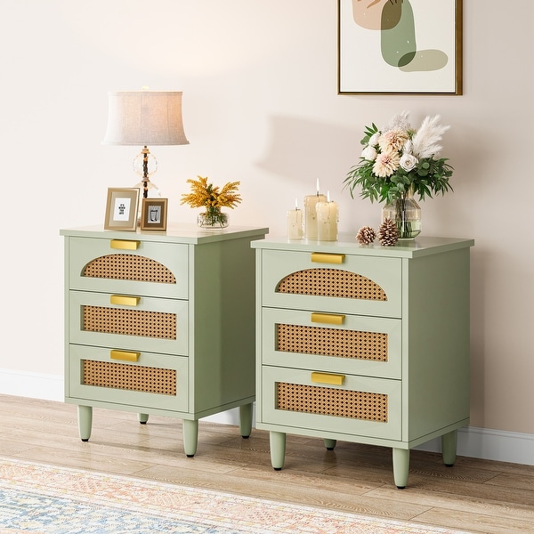 Wood and Rattan 3 Drawer Nightstand Bedside Table Set of 2 Green Brown