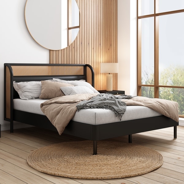 Rattan Wood Platform Bed Queen Bed Frame with Wingback Headboard Double Bed for Master Bedroom Wood Slat Support Bed Bath Beyond 39792944