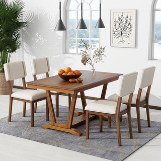 Wood 5-pc Dining Table Set w/ Trestle Table Base & 4 Linen Cushion ...