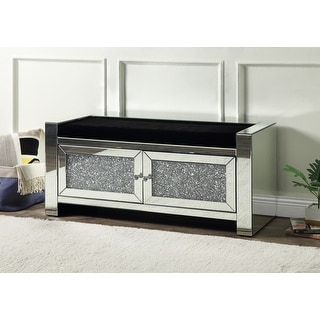 Silver Glam Mirrored Glass Storage Shoe Bench with Diamonds Doors and ...