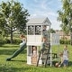 Qaba Two-Story Wooden Kids Playhouse with Slide, Picnic Table & Bench ...