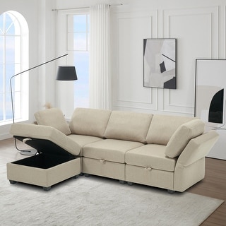 Beige Convertible Couch Modular Adjustable Sectional Sofa w/Chaise ...