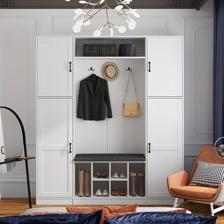 Wide Hall Tree Coat Rack Entryway Storage Bench Display Cabinet, White ...