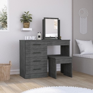 Modern Smokey Oak Makeup Vanity Set with Mirror and Stool - Bed Bath ...