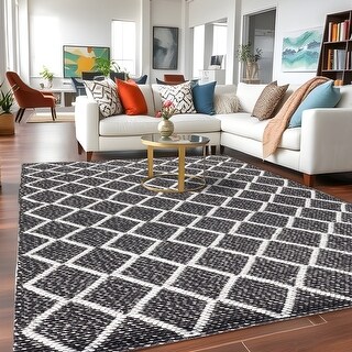 Handmade Charcoal/Beige Geometric Bubble Loop Pile Weave Wool Rug - Bed ...