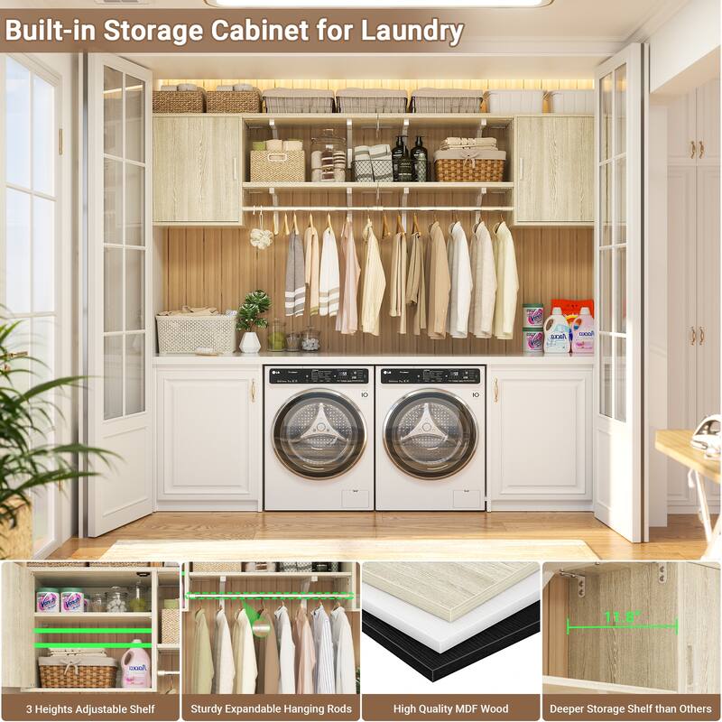 65''W Reversible Laundry Storage Cabinet with Doors and Storage Shelves ...