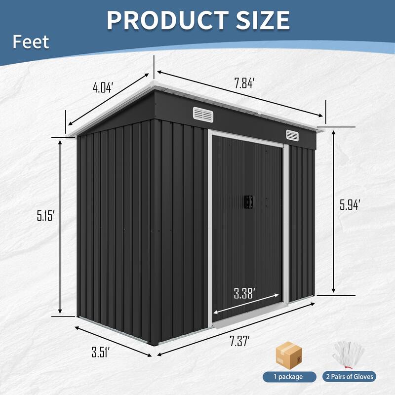 8x4ft Metal Shed, Sliding Door Galvanized Steel Shed with Lock Hole ...