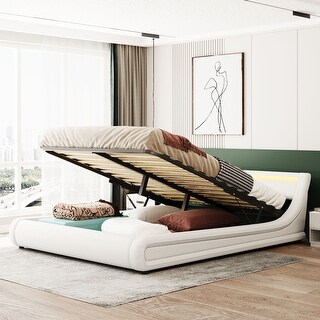 Queen Faux Leather Bed with Hydraulic Storage & LED Headboard - Bed ...