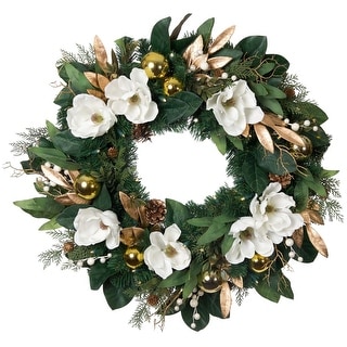 30 in. Lighted Christmas Wreath - White Gold Magnolia - 30 Inch - Bed ...