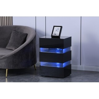 High Gloss LED Side Table, Modern Nightstands with 3 Drawer for Bedroom ...