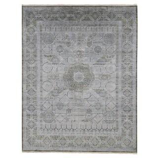 Shahbanu Rugs Cadet Gray, Silk with Textured Wool, Mamluk Design, Hand ...