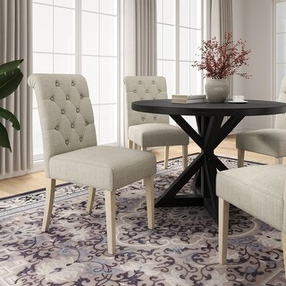 5PCS Dining Set, Cross-Buck Pedestal Round Table with 4 Tufted Chairs ...