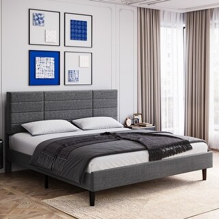 Strong Bed Frame with Upholstered Headboard and Wooden Slats Support ...