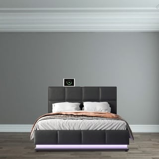 LED lights platform bed Black storage bed PU tufted bed - Bed Bath ...
