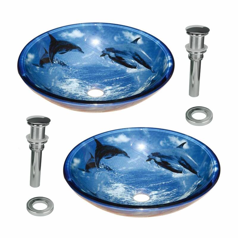Blue Tempered Glass Round Countertop Vessel Sink with Chrome Drain (Set ...