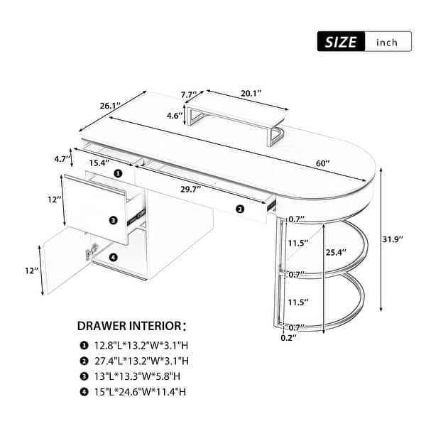 Modern Executive Desk,White Curved Computer Desk with Gold Metal Legs ...