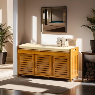 Bamboo Entryway Shoe Bench with Storage Cabinets, Seating Cushion - Bed ...
