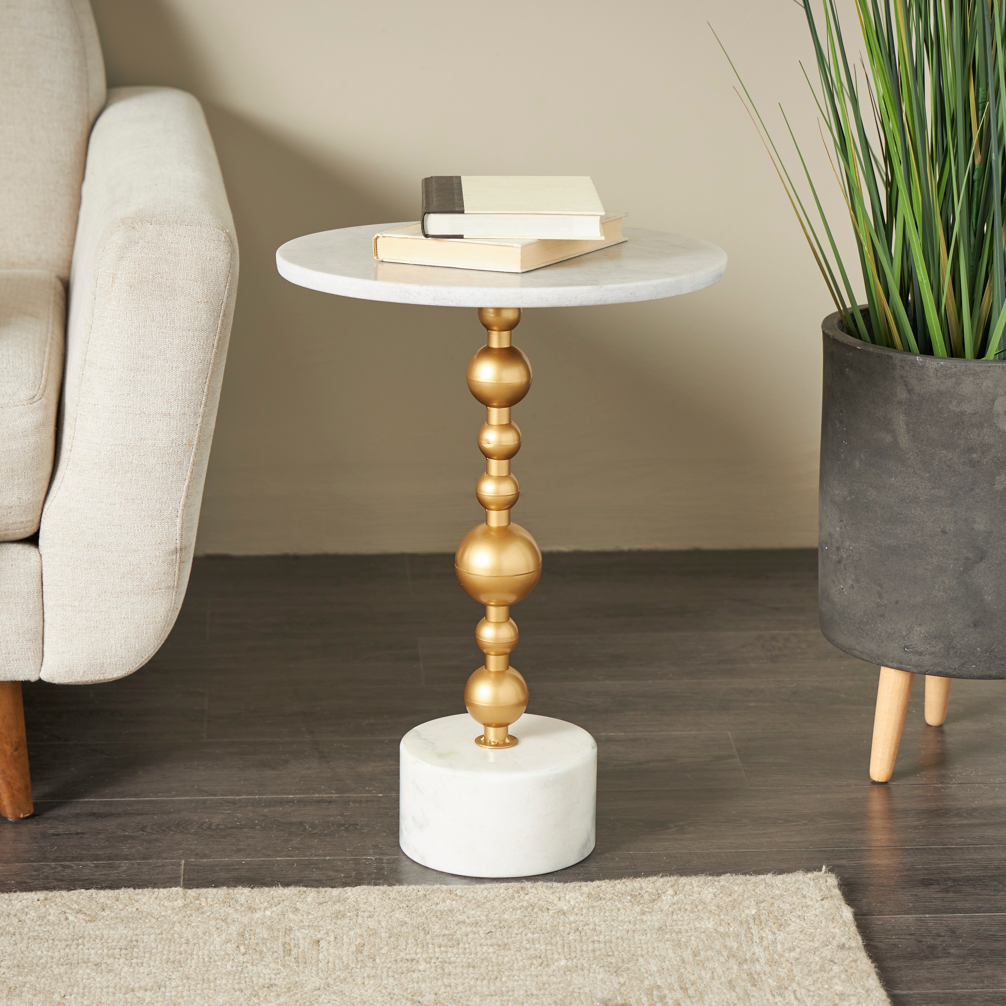 White Marble Geometric Accent Table with Gold Metal Bubble Stand - On ...
