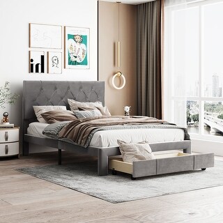 Full Size Storage Bed Velvet Upholstered Platform Bed with Big Drawer ...