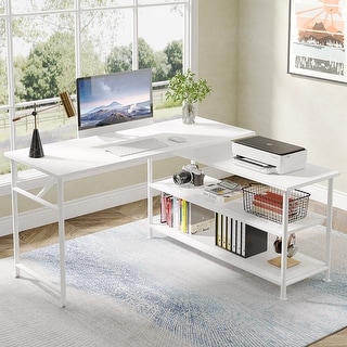 Modern L Shaped Desk, 360° Rotating Desk with Storage Shelves - Bed ...