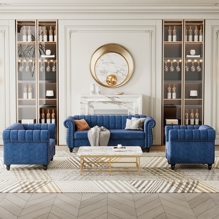 Classic Frosted Velvet Chesterfield Sofa Set with Deep Button Tufts and ...