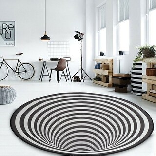 Modern 3D Printed Round Illusion Anti-Slip Rug 4' Round Black - 3' x 5 ...