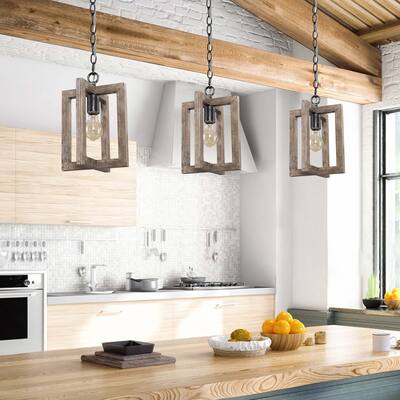 Farmhouse Rustic Wood Pendant Cage Geometric Mini 1-light Hanging ...