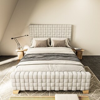 High Back Headboard Queen Bed with Light Beige Linen Upholstery - Bed ...