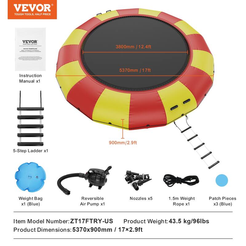 VEVOR Inflatable Water Bouncer, 17ft Recreational Water Trampoline ...