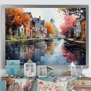 Designart "Pink Canal Vibrant Waterways Pointillism" Canals Framed Wall ...