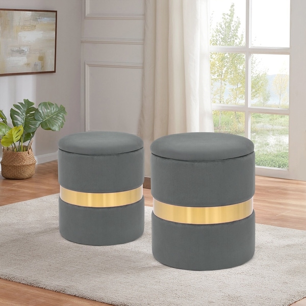 Adeco Set of 2 Velvet Storage Ottoman Round Foot Stool Metal Band On Sale Bed Bath Beyond 34500853