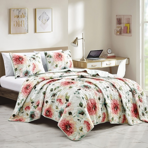 Kamet 3 Piece Fabric Queen Size Bedspread Set with Floral Prints ...